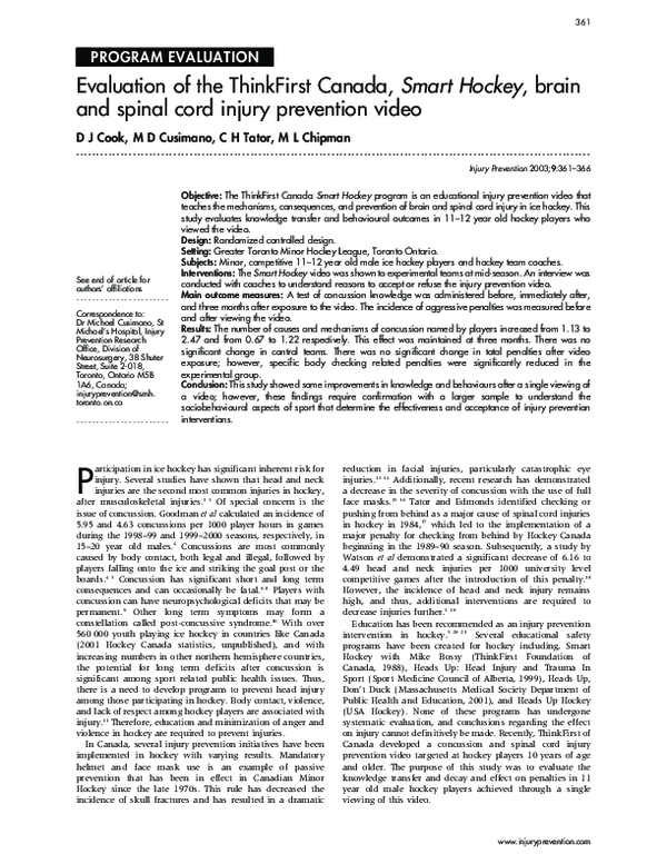 (PDF) Evaluation of the ThinkFirst Canada, Smart Hockey, brain and ...