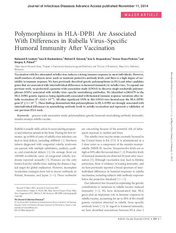 (PDF) Polymorphisms in HLA-DPB1 Are Associated With Differences in Rubella Virus-Specific ...