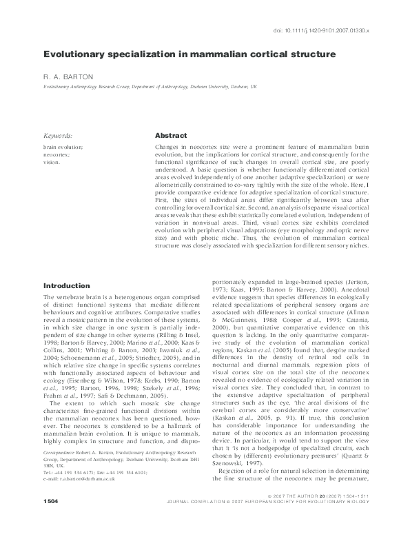 (PDF) Evolutionary specialization in mammalian cortical structure