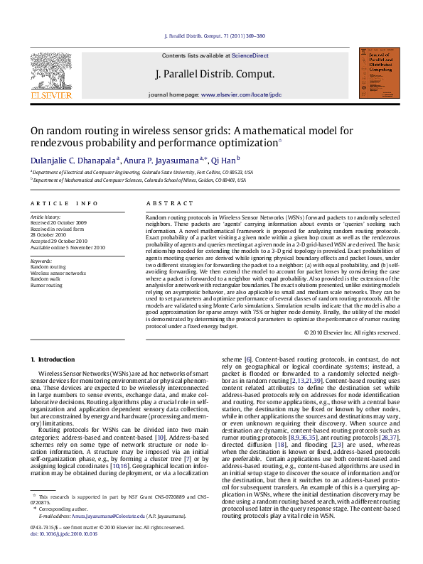 Pdf On Random Routing In Wireless Sensor Grids A Mathematical Model For Rendezvous