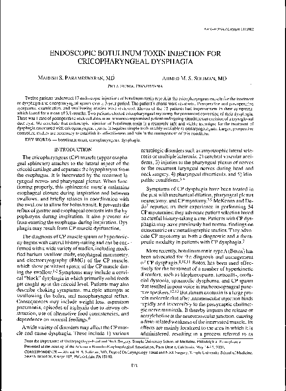 (PDF) Endoscopic Botulinum Toxin Injection for Cricopharyngeal Dysphagia