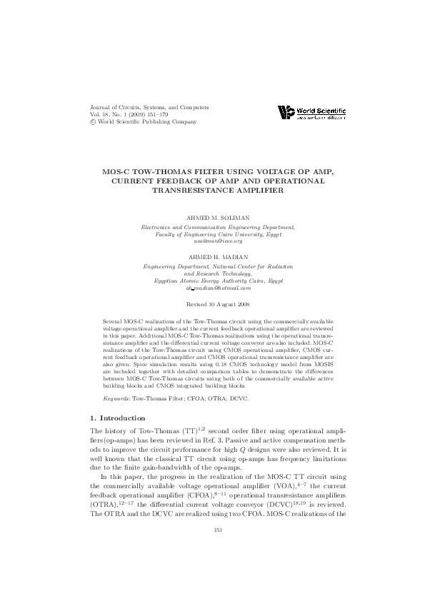 (PDF) Mos-C Tow-Thomas Filter Using Voltage Op Amp, Current Feedback Op Amp and Operational ...