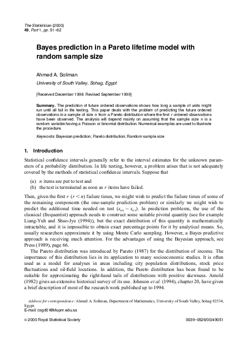 (PDF) Bayes Prediction in a Pareto Lifetime Model With Random Sample Size