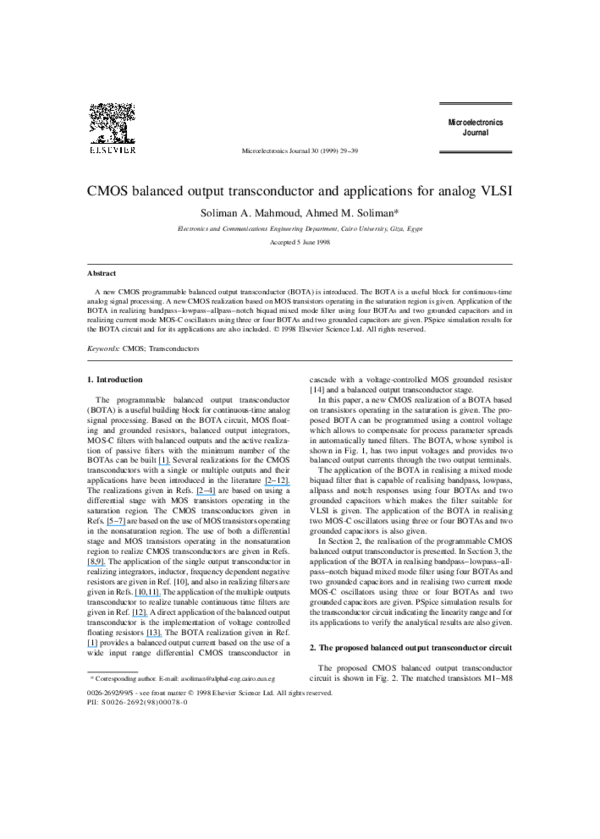 Pdf Cmos Balanced Output Transconductor And Applications For Analog Vlsi