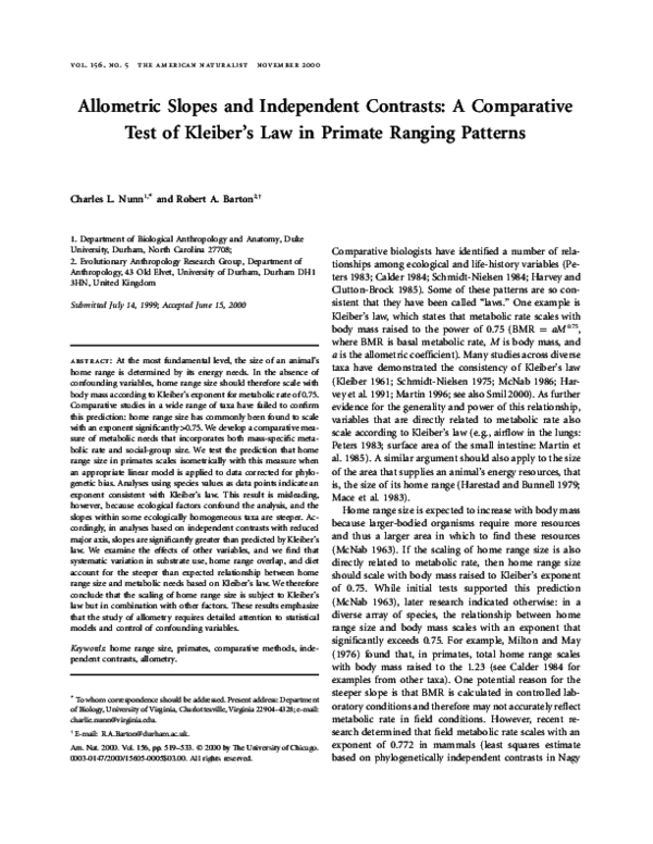 (PDF) Allometric Slopes and Independent Contrasts: A Comparative Test ...