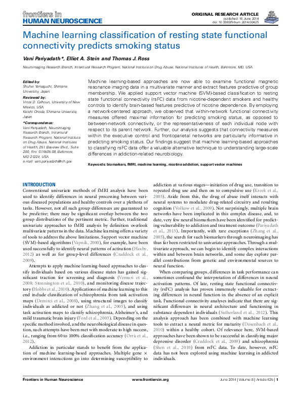 (PDF) Machine learning classification of resting state functional connectivity predicts smoking ...