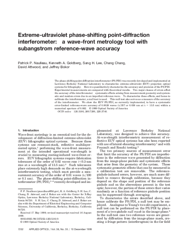 Pdf Extreme Ultraviolet Phase Shifting Point Diffraction Interferometer A Wave Front