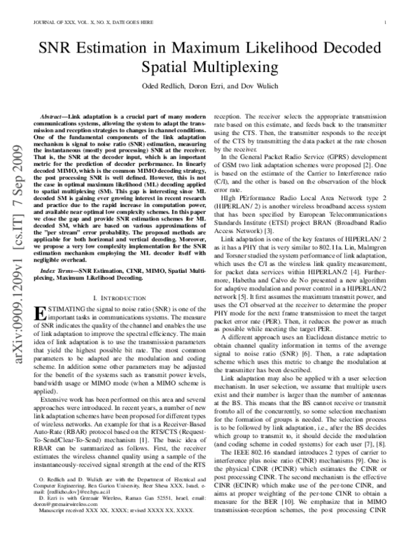 (PDF) SNR Estimation in Maximum Likelihood Decoded Spatial Multiplexing