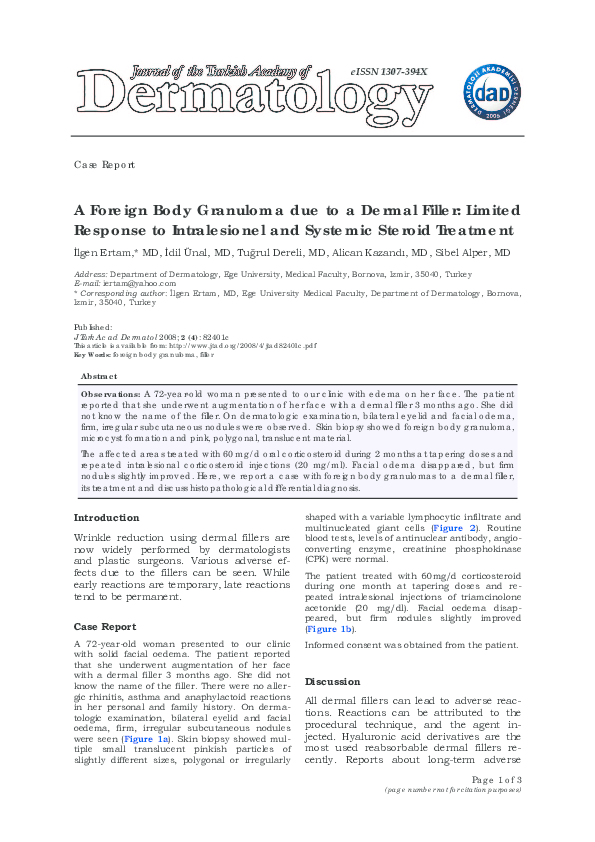 (PDF) A Foreign Body Granuloma due to a Dermal Filler: Limited Response ...