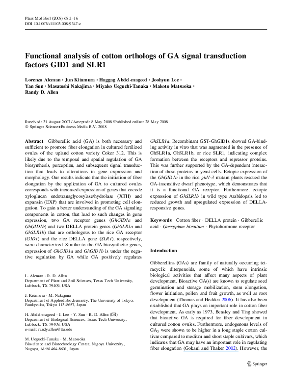 (PDF) Functional analysis of cotton orthologs of GA signal transduction ...