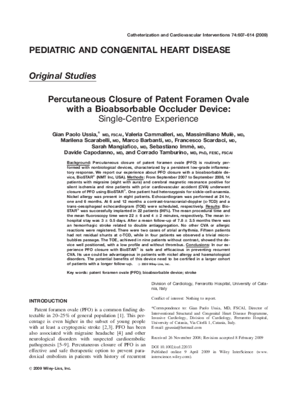 (PDF) Percutaneous closure of patent foramen ovale with a bioabsorbable ...