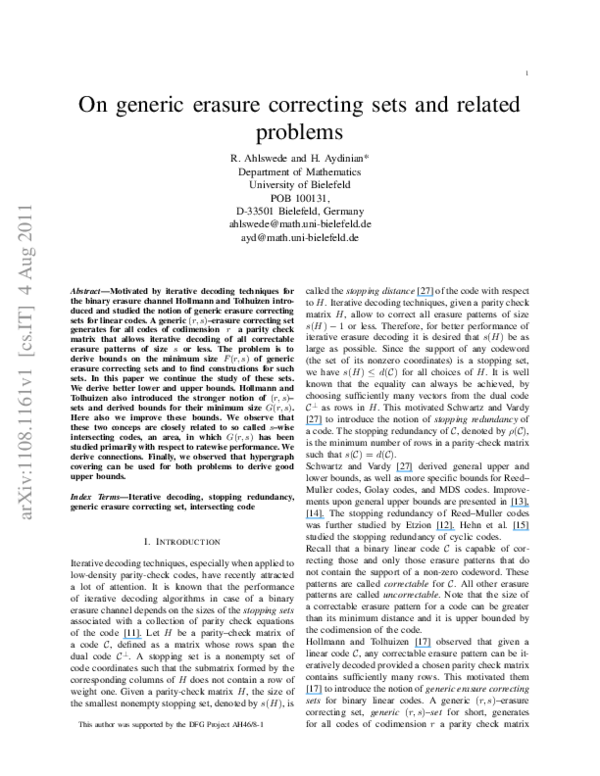 Pdf On Generic Erasure Correcting Sets And Related Problems