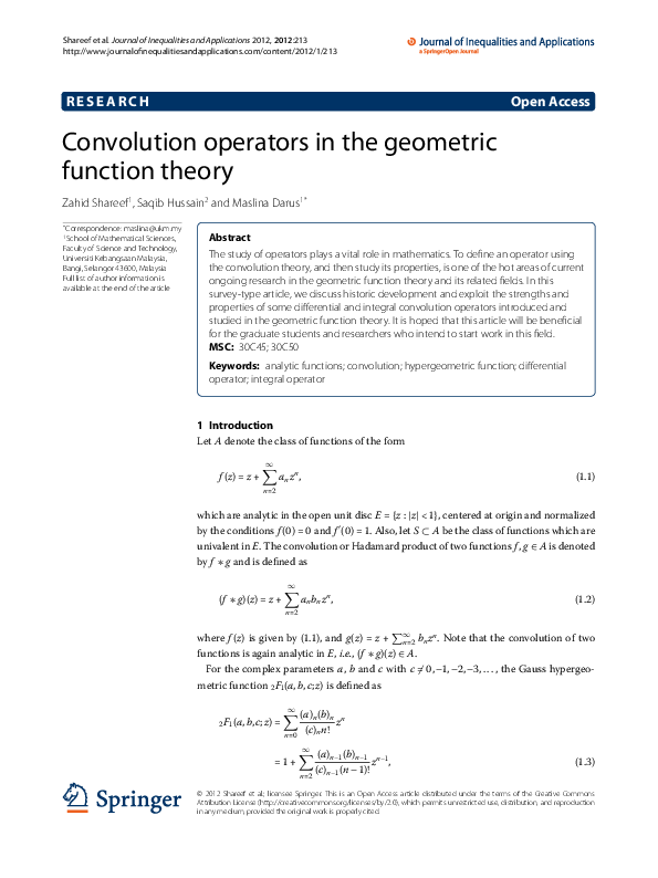 Pdf Convolution Operators In The Geometric Function Theory