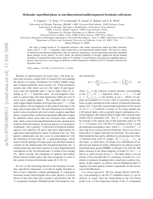 (PDF) Molecular superfluid phase in systems of one-dimensional multicomponent fermionic cold atoms