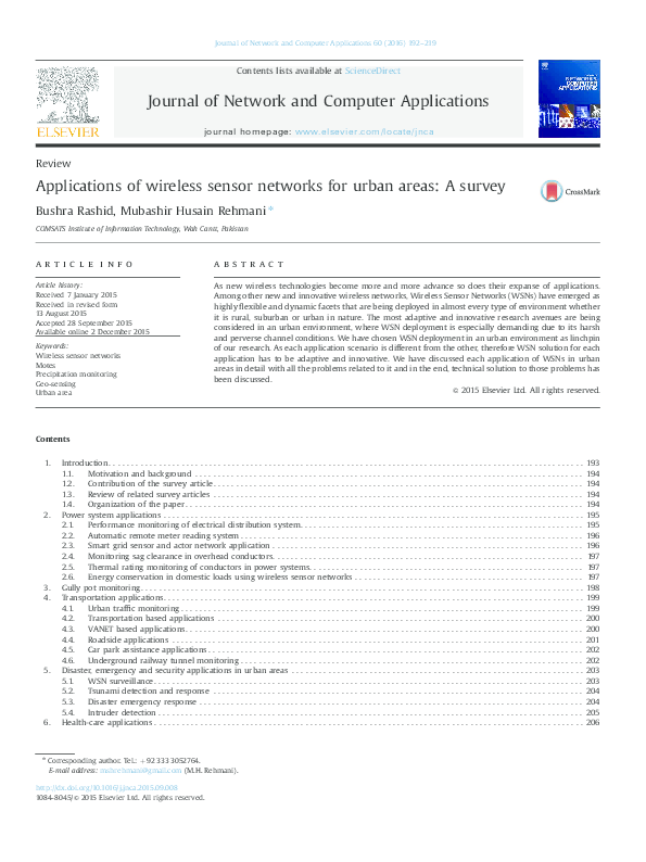 (PDF) Applications of wireless sensor networks for urban areas: A survey