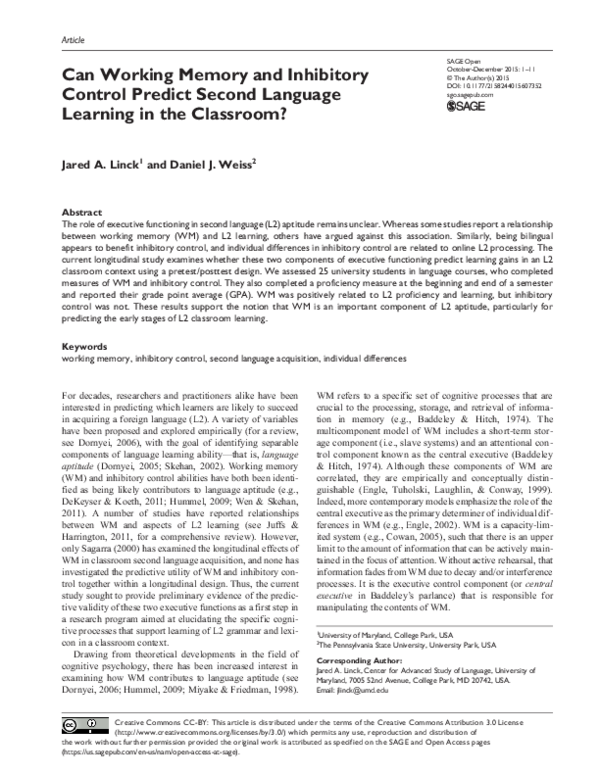 (PDF) Can Working Memory and Inhibitory Control Predict Second Language Learning in the Classroom?