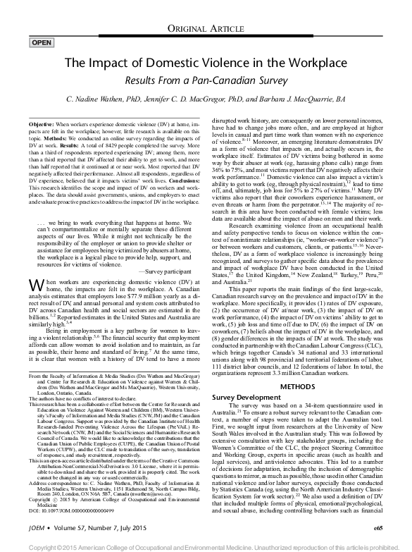 (PDF) The Impact of Domestic Violence in the Workplace Results From a ...