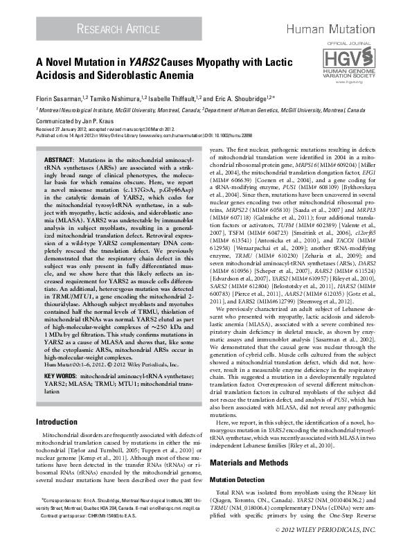 (PDF) A novel mutation in YARS2 causes myopathy with lactic acidosis ...