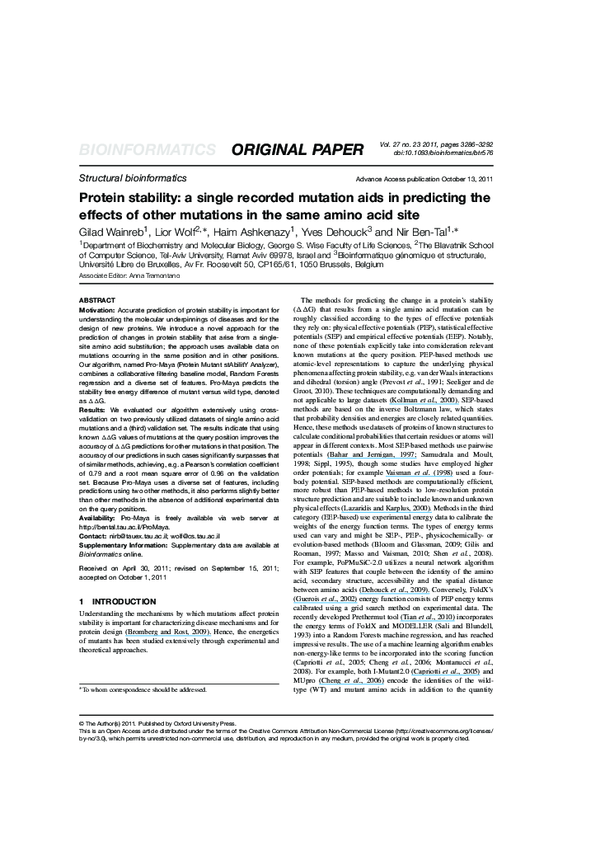 (PDF) Protein stability: a single recorded mutation aids in predicting the effects of other ...