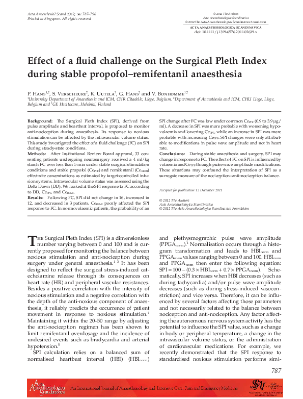 (PDF) Effect of a fluid challenge on the Surgical Pleth Index during ...