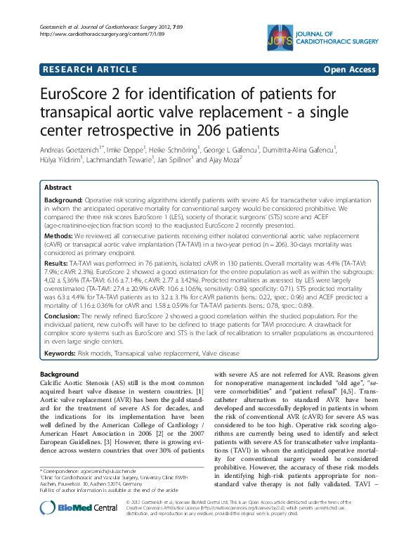 (PDF) EuroScore 2 for identification of patients for transapical aortic ...