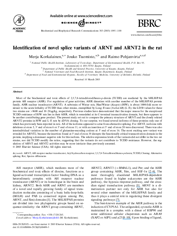 (PDF) Identification of novel splice variants of ARNT and ARNT2 in the rat