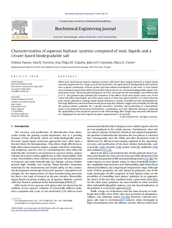 Pdf Characterization Of Aqueous Biphasic Systems Composed Of Ionic Liquids And A Citrate Based