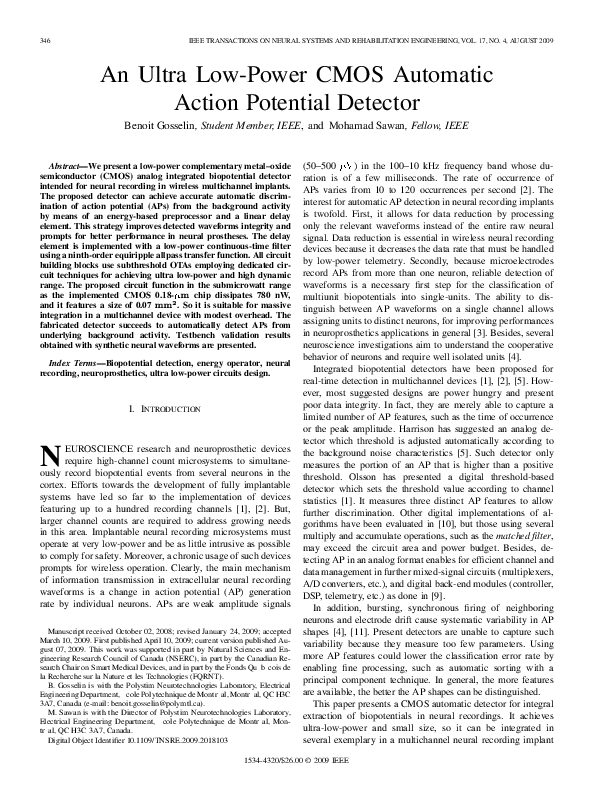 (PDF) An ultra low-power CMOS automatic action potential detector