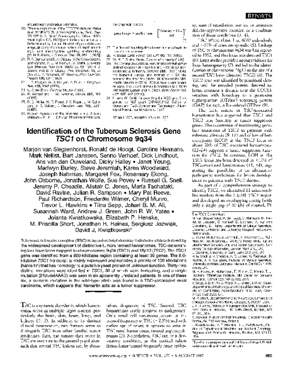 (PDF) Identification of the Tuberous Sclerosis Gene TSC1 on Chromosome ...
