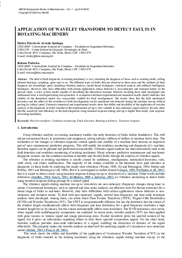 (PDF) Application of Wavelet Transform to Detect Faults in Rotating Machinery