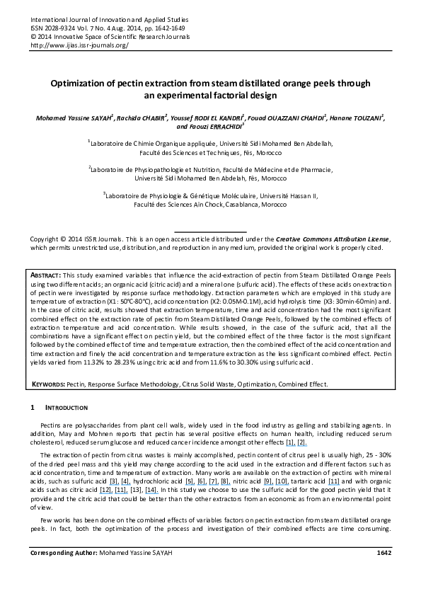 Pdf Optimization Of Pectin Extraction From Steam Distillated Orange