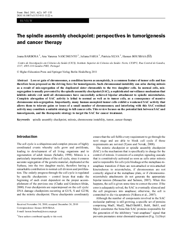 (PDF) An overview of the spindle assembly checkpoint status in oral ...