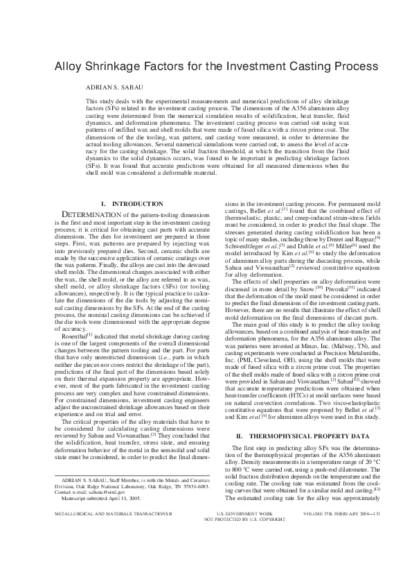 (PDF) Alloy shrinkage factors for the investment casting process