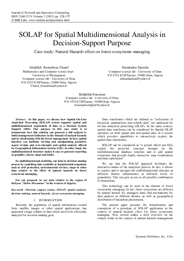 (PDF) SOLAP for Spatial Multidimensional Analysis in Decision-Support Purpose Case study ...