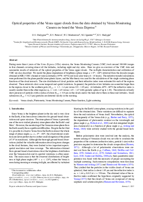 (PDF) Optical properties of the Venus upper clouds from the data ...