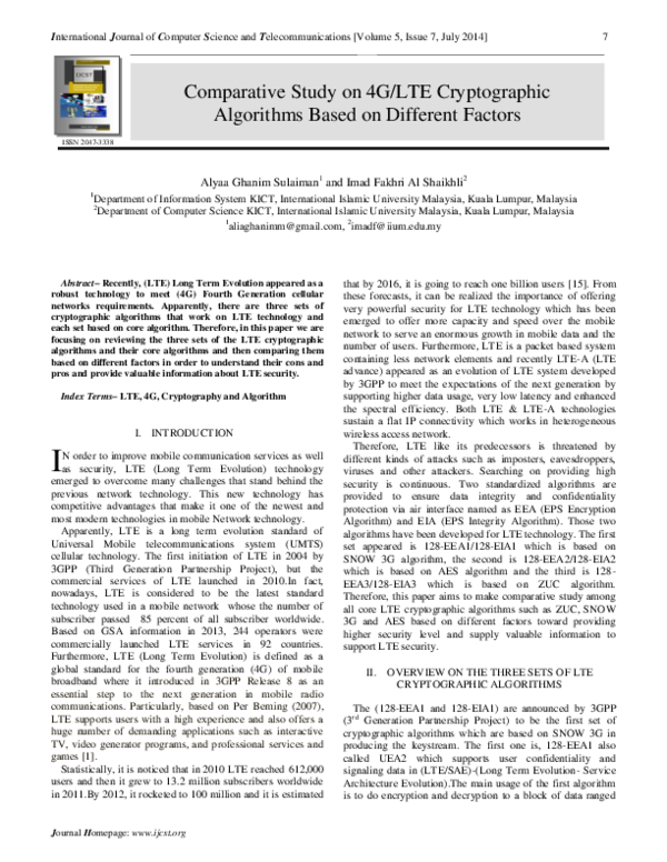 (PDF) Comparative Study on 4G/LTE Cryptographic Algorithms Based on Different Factors