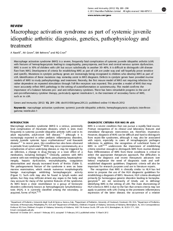 (PDF) Macrophage activation syndrome as part of systemic juvenile ...