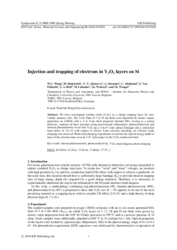 (PDF) Injection and trapping of electrons in Y 2 O 3 layers on Si