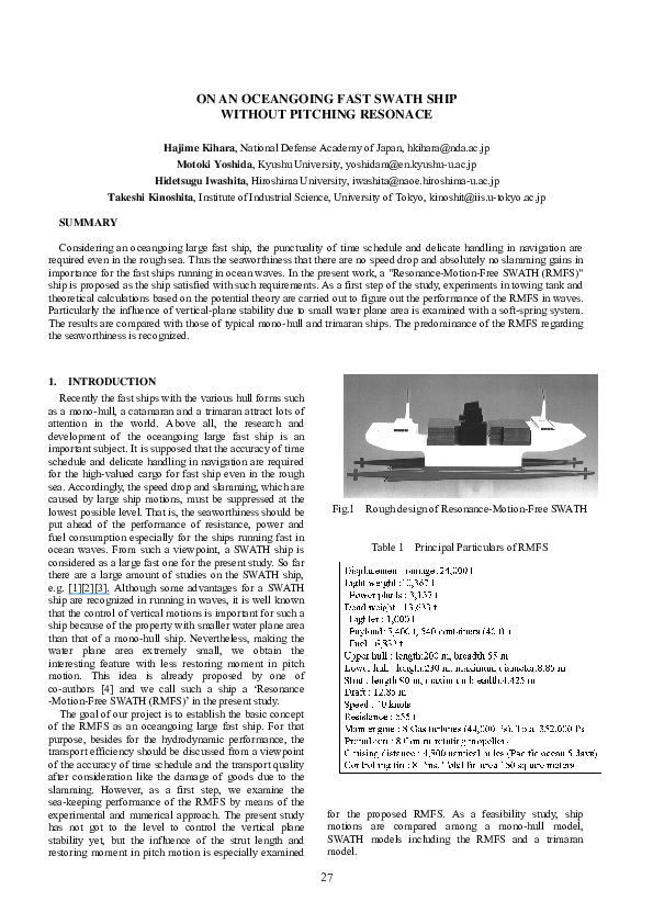 (PDF) On an Oceangoing Fast Swath Ship Without Pitching Resonace