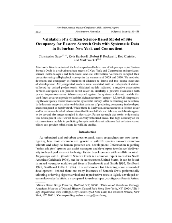 (PDF) Validation of a Citizen Science-Based Model of Site Occupancy for Eastern Screech Owls ...