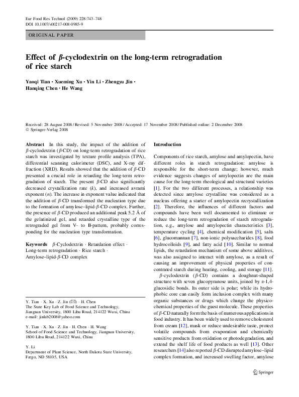 (PDF) Effect of β-cyclodextrin on the long-term retrogradation of rice ...
