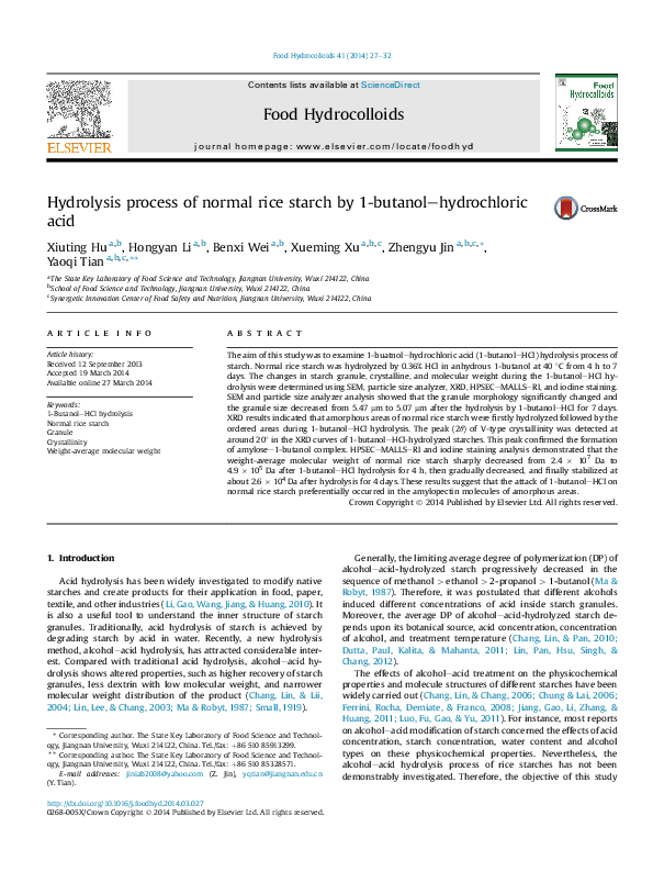 (PDF) Hydrolysis process of normal rice starch by 1-butanol ...