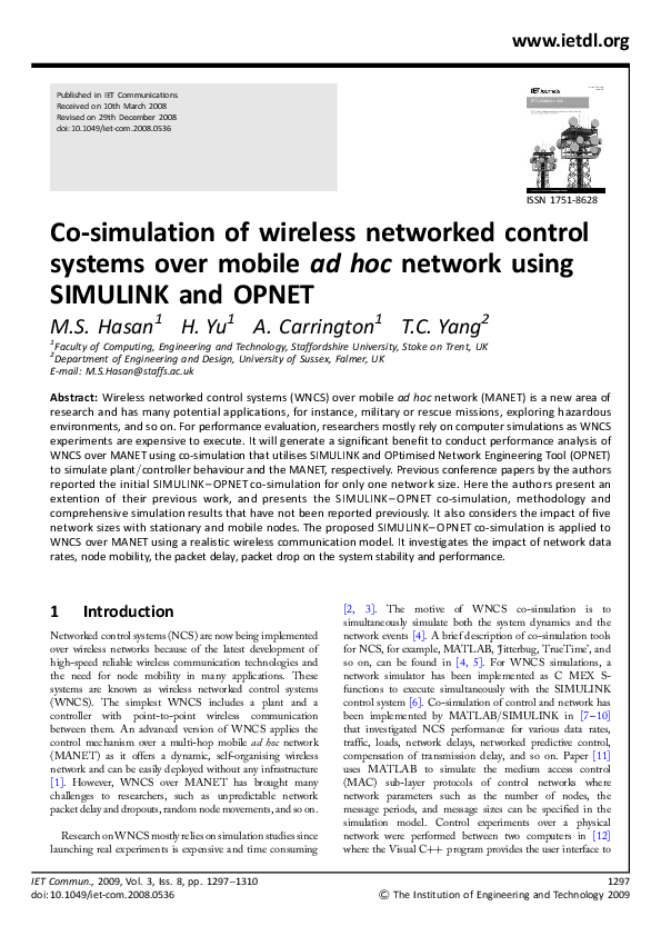 Pdf Co Simulation Of Wireless Networked Control Systems Over Mobile Ad Hoc Network Using