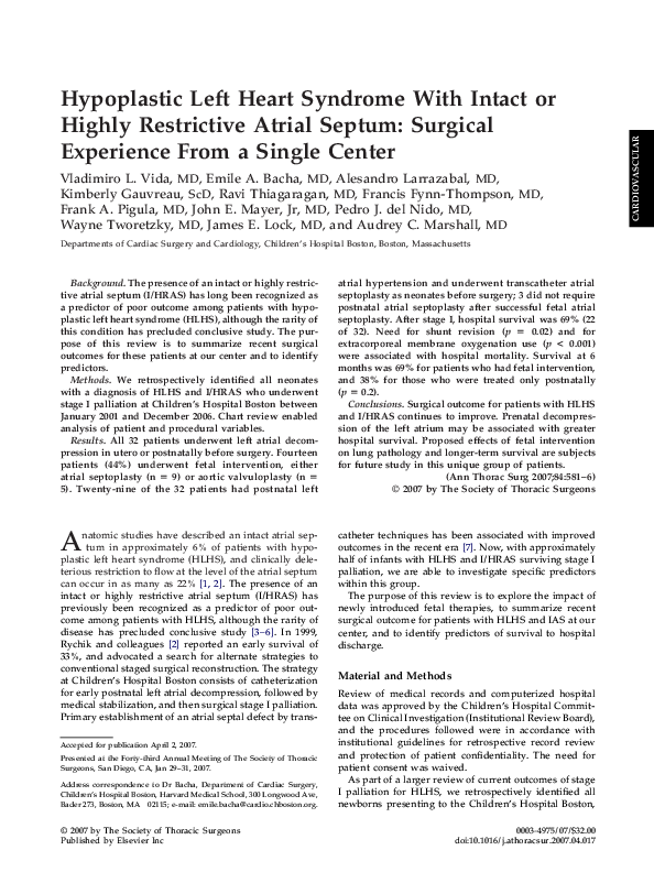 (PDF) Hypoplastic Left Heart Syndrome With Intact or Highly Restrictive ...