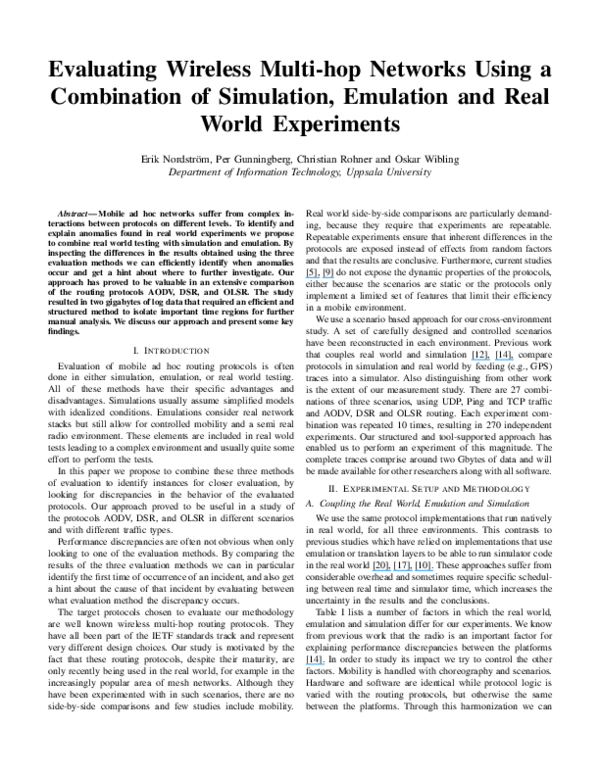 (PDF) Evaluating wireless multi-hop networks using a combination of simulation, emulation, and ...