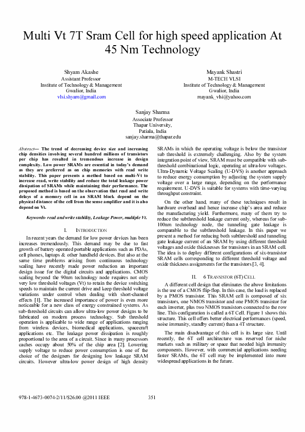 (PDF) Multi Vt 7T SRAM cell for high speed application at 45 nm technology