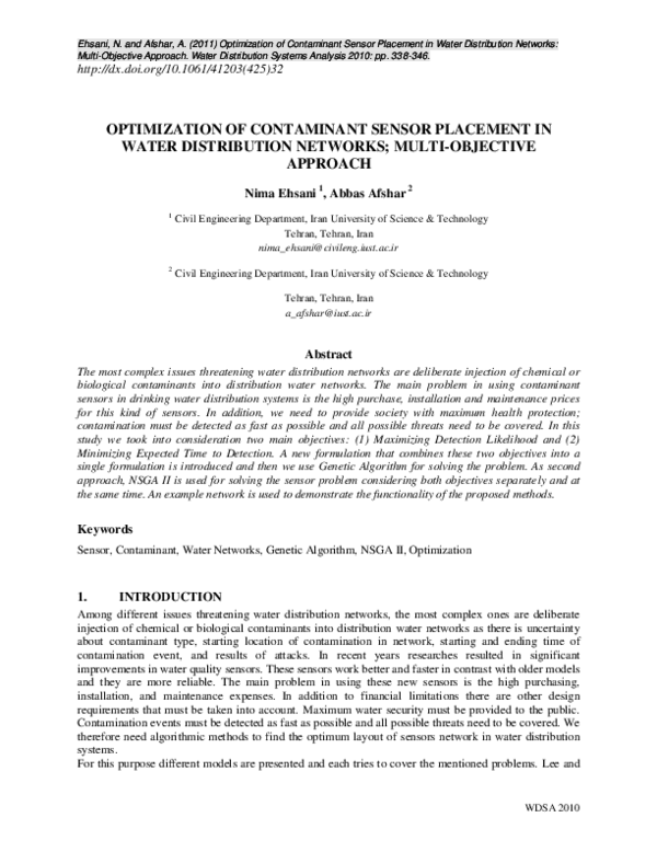 Pdf Optimization Of Contaminant Sensor Placement In Water Distribution Networks Multi