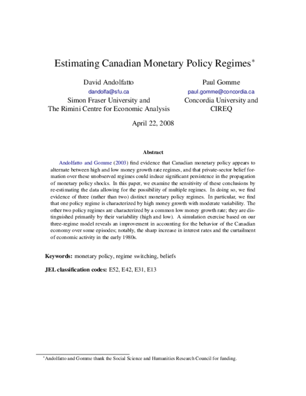(PDF) Estimating Canadian Monetary Policy Regimes