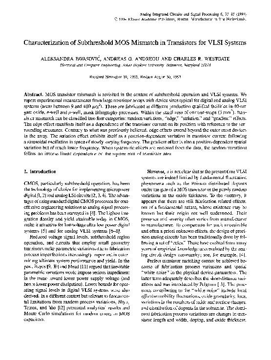 (PDF) Characterization of subthreshold MOS mismatch in transistors for VLSI systems