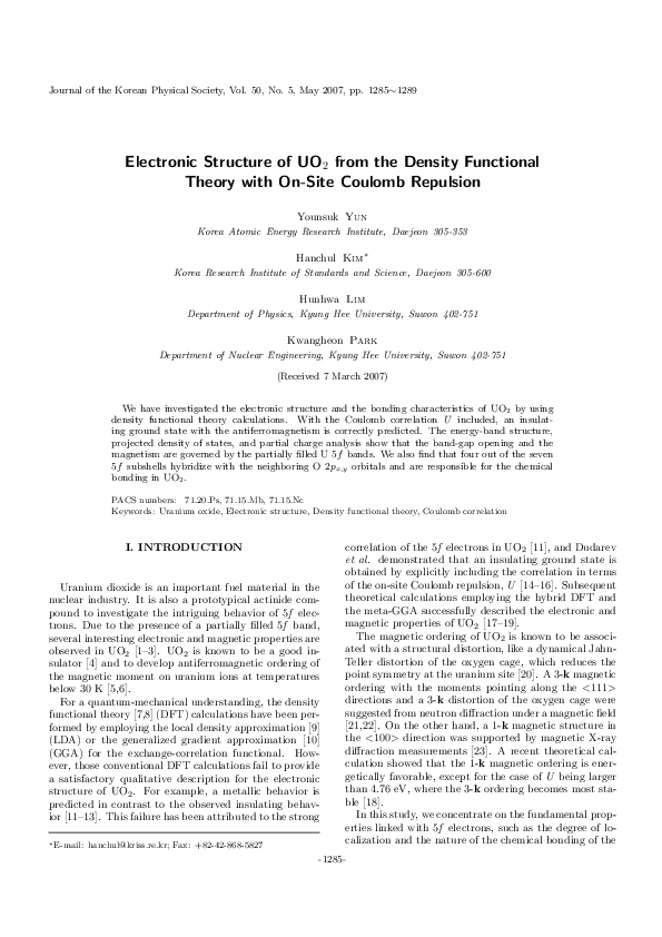 (PDF) Electronic Structure of UO2 from the Density Functional Theory ...